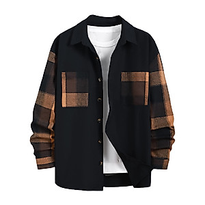 GORGLITTER Men's Plaid Button Down Shirt Long Sleeve Casual Shirt Jackets Black and Brown Medium