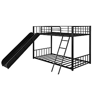Harper & Bright Designs Twin Over Twin Metal Bunk Bed with Ladder and Slide, Heavy Duty Bed Frame with Safety Guard Rails, White