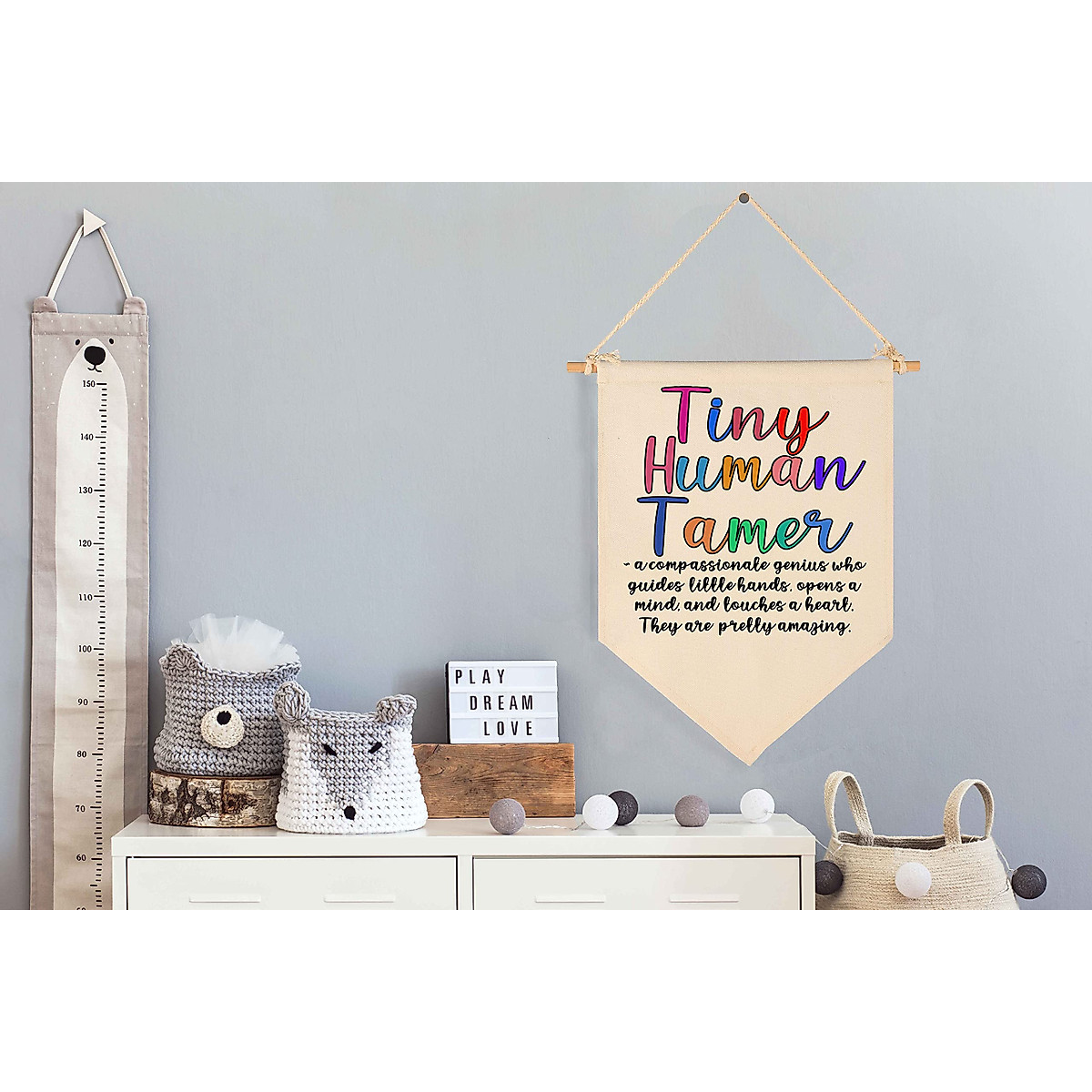 Tiny Human Tamer-Faculty Appreciation-Preschool Teacher-Thank You Gift for Nursery Teacher-End of Term Gift for Daycare Teacher,Nursery Worker-Canvas Hanging Pennant Flag Banner Wall Sign Decor
