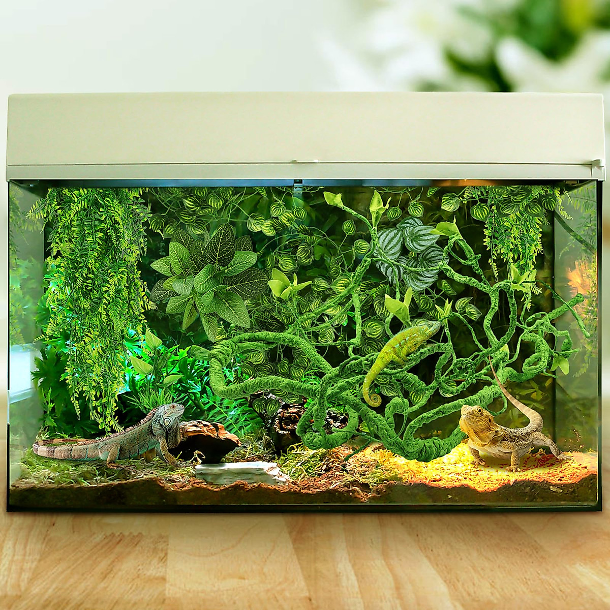 Bearded Dragon Tank Accessories for Habitat, QUOZUO Terrarium Hanging Plants Artificial Leaves Reptile Hide, Leopard Gecko Tank Accessories Snake Hide Terrarium Decor for Lizard Geckos Chameleon