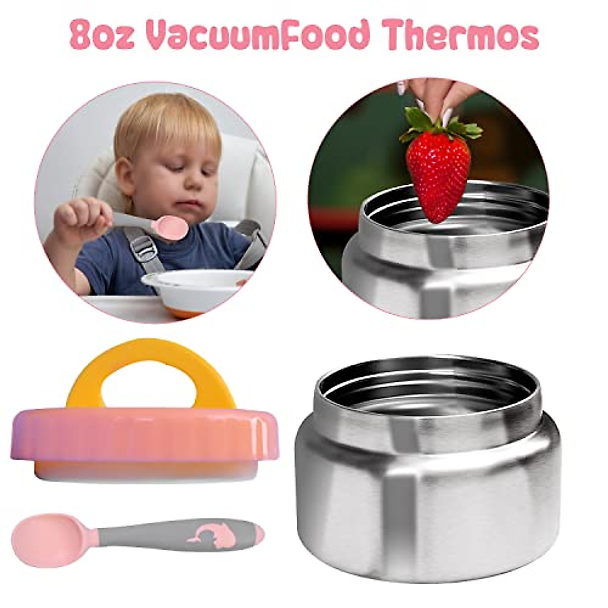 CocoMeiwei Thermo for Hot Food Kids, Insulated Container for Cold Drinks 8 oz, Stainless Steel Wide Mouth Lunch Soup Thermo for School With Silicone Bendable Spoon, Vacuum Leak-Proof Food Jar