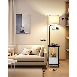 Lightdot 57IN Floor Lamp with Shelves, Mid Century Modern Standing Lamps with Bulb and Storage Bag Included, Black Pole End Table with Linen Lampshade for Living Room, Bedroom, Office-F