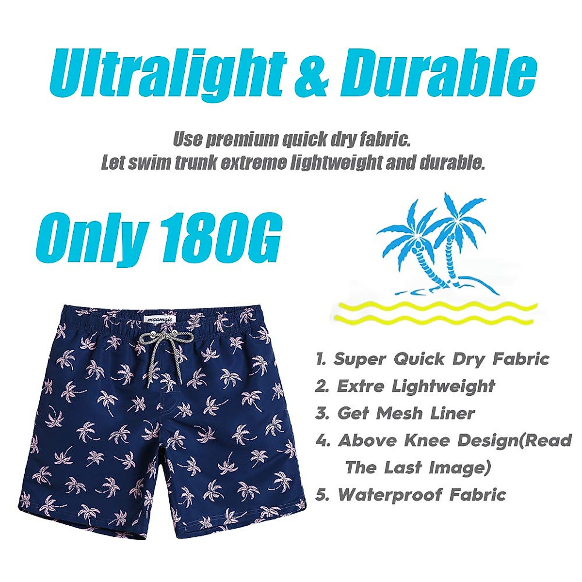 maamgic Mens Swim Trunks Quick Dry Swim Shorts with Mesh Lining Funny Swimwear Bathing Suits Navy Palm Medium