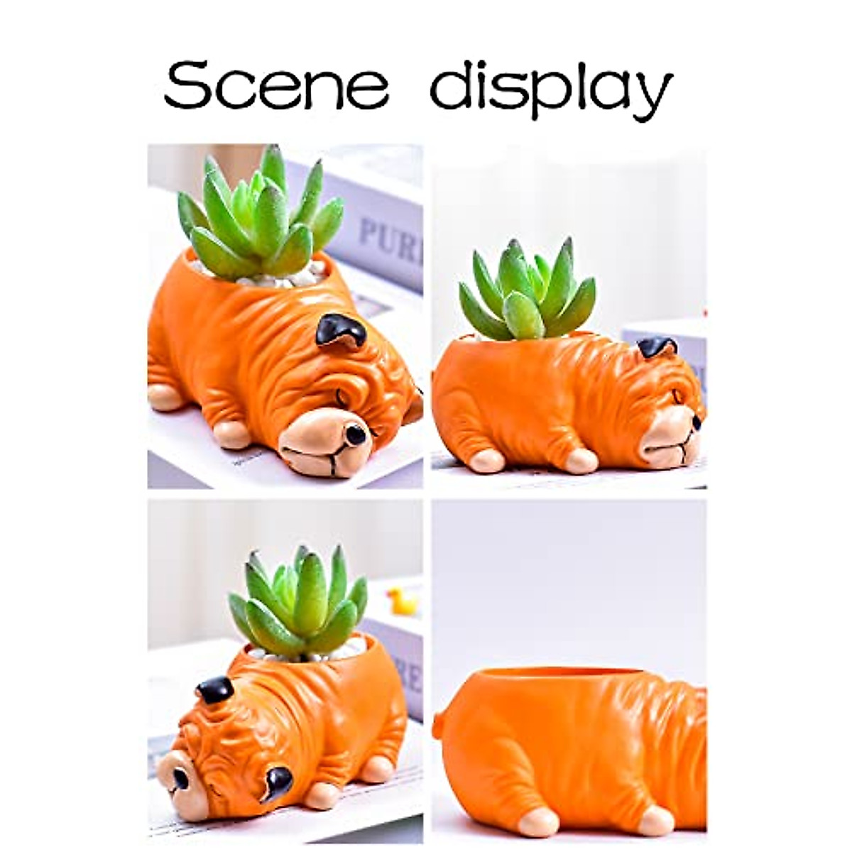 Cute Shar Pei Sleeping Pet Flower Pot with Drainer Garden Flower Pot Resin Succulent Potted Bonsai Plant Stand Home Desk Mini Decoration Balcony Gardening Flower Pot Does Not Contain Plants