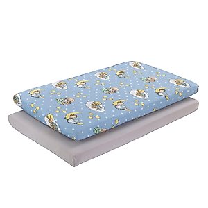 2 Pack n Play Mattress Sheets – 100% Jersey Knit Cotton Soft Portable Crib Mattress Sheet for Boys with Blue and Yellow Precious Moments Design; 2 Pk Playpen Mattress or Mini Crib Fitted Sheet Set