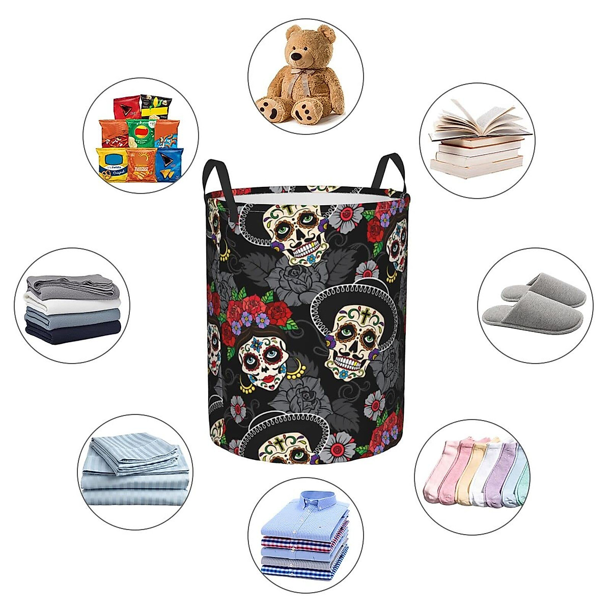 Gbuzozie Floral Skulls Round Laundry Hamper Day Of The Dead Storage Basket Toys Clothes Organizer Bin For Home Bathroom Bedroom Dorm Nursery, 38l