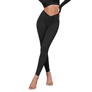 ODODOS Women's Cross Waist Yoga Leggings with Inner Pocket, Non See-Through Workout Running Tights Athletic Pants-Inseam 28", Black, Small