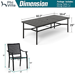 PHI VILLA 9 Pieces Outdoor Dining Set for 8, Large Rectangular Metal Dining Table with Umbrella Hole & Stackable Wrought Iron Chairs, Dining Furniture for Patio, Deck, Yard, Porch