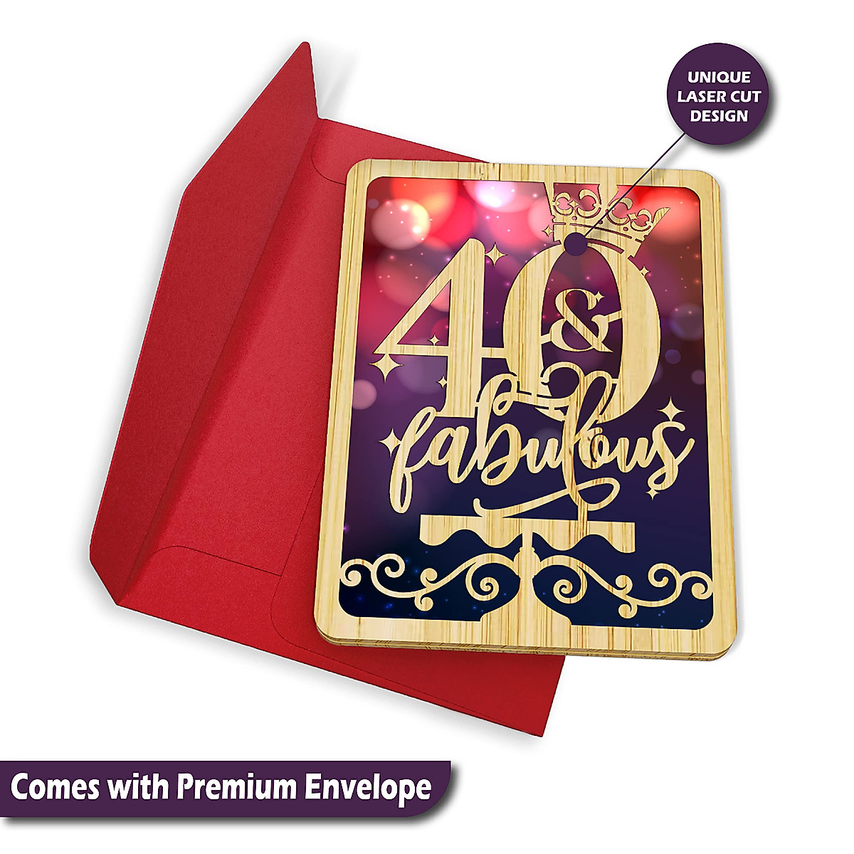 40th Birthday Cards For Women - | Made From Real Bamboo | 6" X 4.5" - 1 Pack (Envelope Included) | Laser Cut, Party Themed 40th Birthday Card For Wife, Mom, Aunt, Sister, Friend, Her etc.