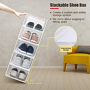 IPOW 12 Pack Thickened Clear Plastic Stackable Shoe Boxes, Foldable Shoe Organizer Sneaker Shoe Containers Shoe Storage Bins Drop Front Shoe Storage Boxes for Men, Women Kids