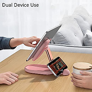 SOARCHICK Cute Bear Foldable Phone Stand for Desk Portable Cell Phone Holder with Makeup Beauty Mirror Adjustable Height Angle Kawaii Office Supplies Pink Desk Accessories for Women Girls Gifts