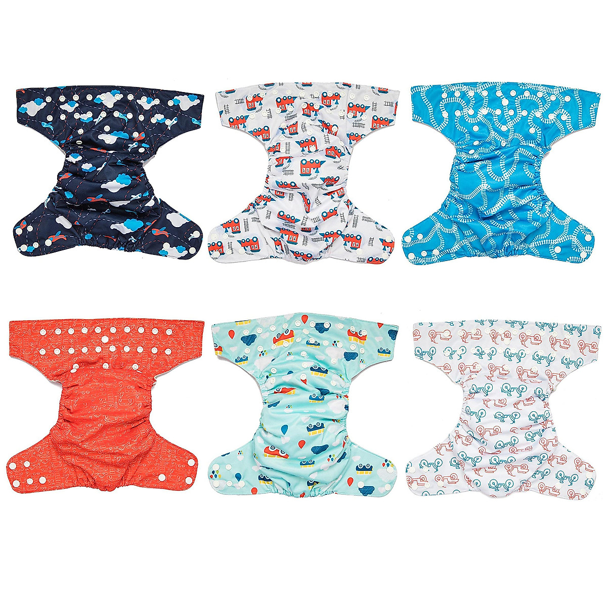 Simple Being Reusable Cloth Diapers, One Size Adjustable, Washable Soft Absorbent, Waterproof Cover, Eco-Friendly Unisex Baby Girl Boy, six 4-Layers Microfiber Inserts (Planes/Trains)