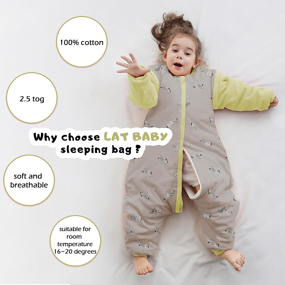 LAT Baby Sleep Bag with Feet Winter, Wearable Blanket with Legs, Warm Sack for Toddler Thicken 2.5 TOG-Sleepsuit Removable Sleeves,0-4T(Gray+Green Zebra,S)
