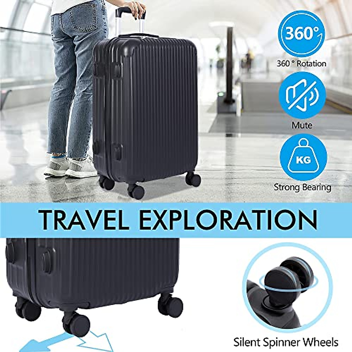 Fujampe 3 Piece Luggage Set Lightweight Hardshell Suitcases 20", 24", 28" Durable PC+ABS Hardside Luggage Sets, Double Spinner Wheels, TSA Lock Ideal for Travel - Black