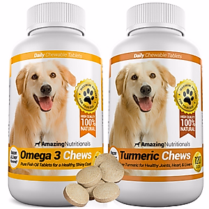 Amazing Combo Omega-3 Fish Oil and Turmeric Curcumin for Dogs - Pure All-Natural Pet Antioxidant - Promotes Shiny Coat, Brain Health, Eliminates Joint Pain, 120 Tasty Chews x 2