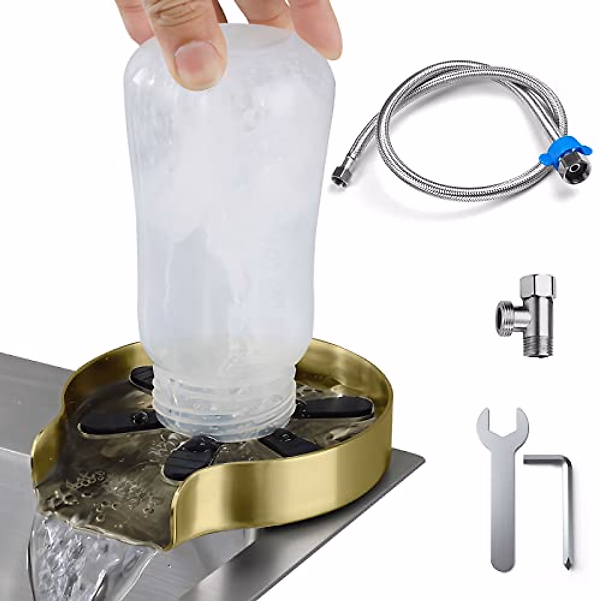 Glass Rinser for Kitchen Sink, Saparlo 6-Leaf Removable Stainless Steel Cup Washer, Bottle Washer, Quick Rinser for Baby Bottle, Kitchen Sink Automatic Flushing Device for Bar Sink, Brush Gold