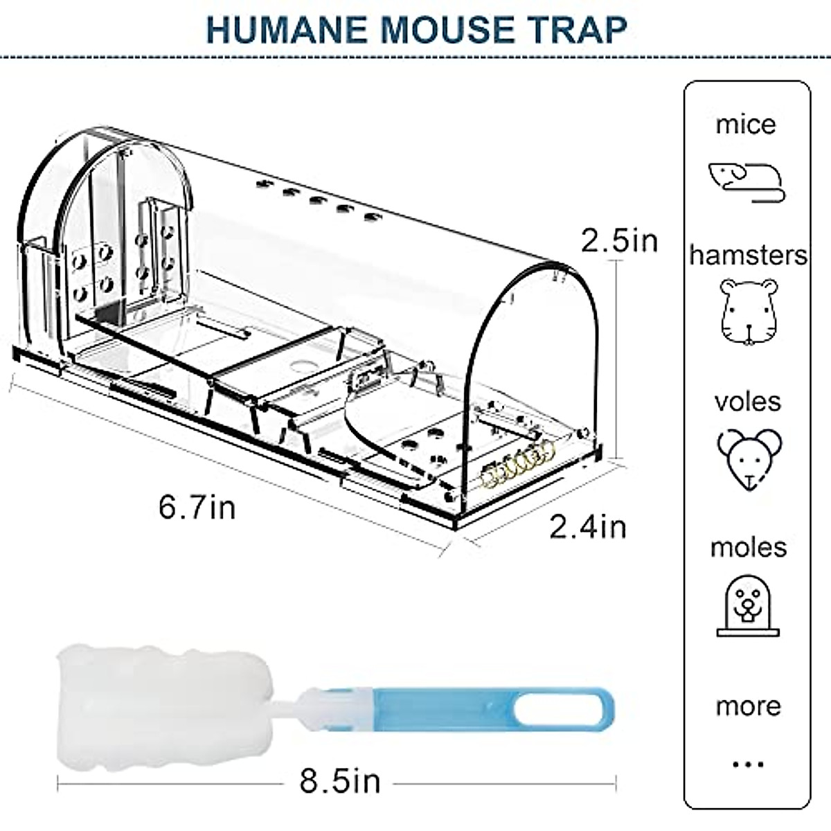 Humane Mouse Traps, Catch & Release, Reusable Rat Traps, Easy to Set and Safe for Family and Pets, No Kill for Small Rodent/Hamsters/Moles, Catcher That Works for Indoor/Outdoor, 3 Pack, Transparent