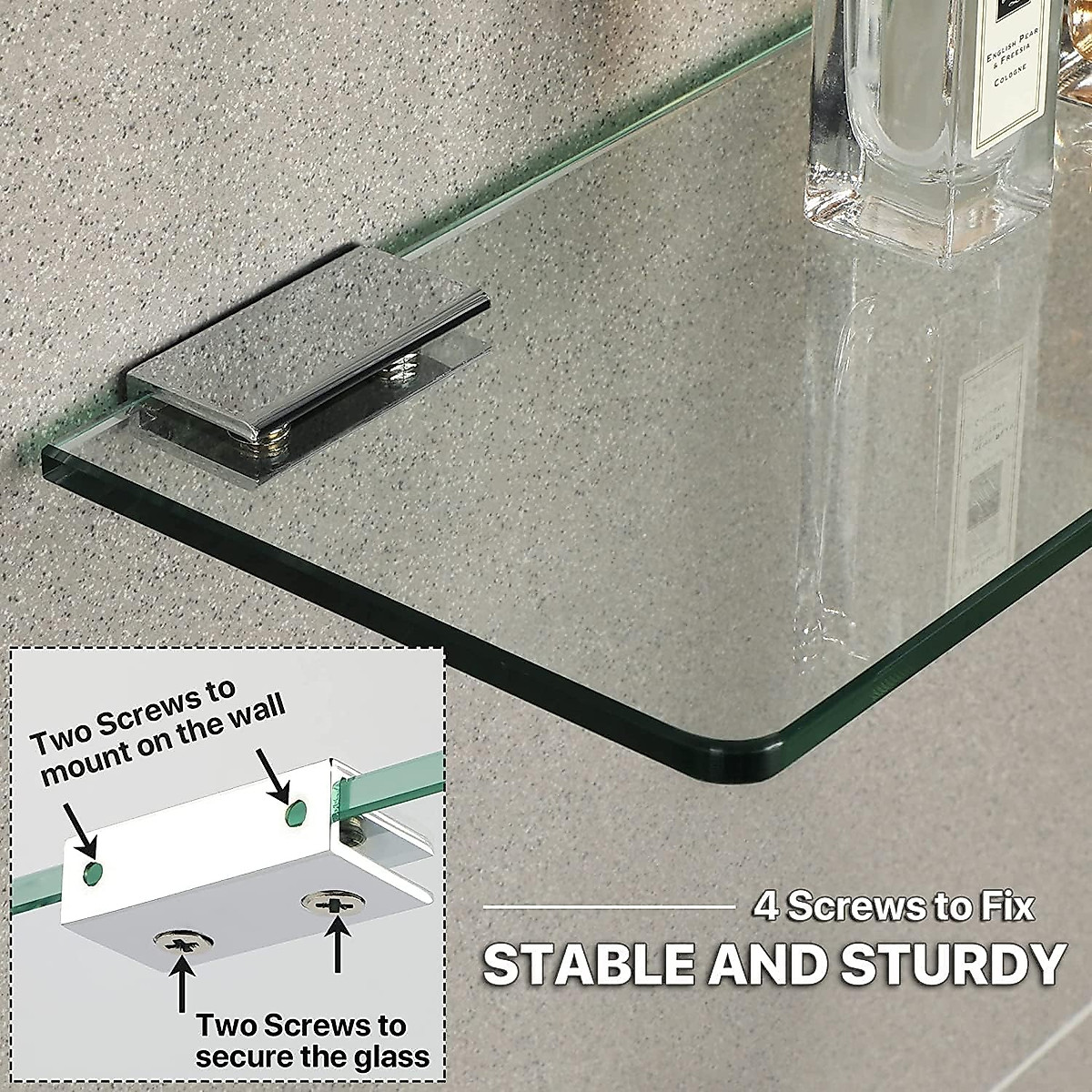 SAYAYO Glass Shelf for Bathroom, 1/3 Inch Thicken Tempered Floating Glass Shelves 24 Inch with Stainless Steel Brackets, 1 Pack, Clear