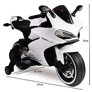 Ride On Toys Kid Motorcycle 12V 7AH Battery with Slow Start Function, Safety, High and Low Speed,Leather Seat Plastic Wheels with LED Lights, Have MP3 Player Function (White)