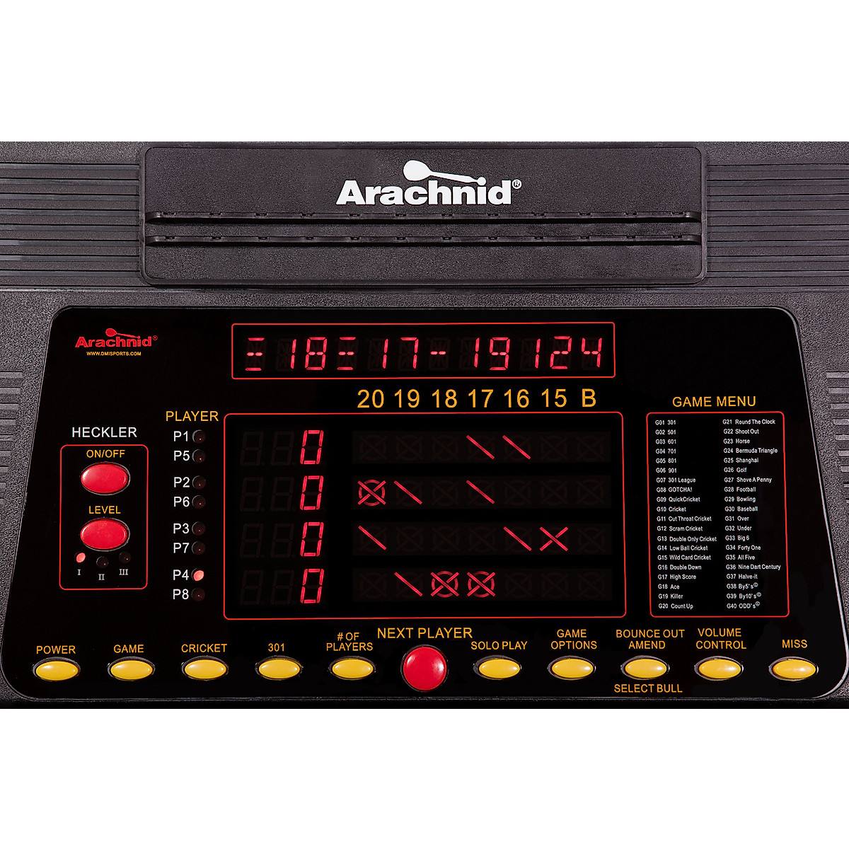 Arachnid Cricket Pro 800 Standing Electronic Dartboard with Cherry Finish, Regulation 15.5” Target Area, 8-Player Score Display and 39 Games Brown