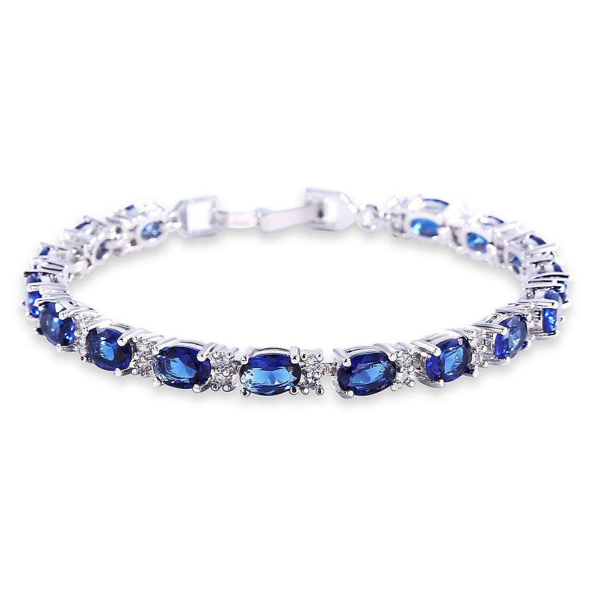 GULICX White Gold Electroplated Cubic Zirconia Blue Crystal Roman Tennis Bracelet Sapphire Color Link Chain