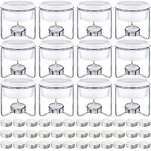 60 Pcs Ceramic Butter Warmers Set, Include 12 Pcs Butter Warmers for Seafood Butter Melter with Stands, 48 Pcs Tea Light Candles Food Warmer Candle for Fondue Chocolate Dishwasher Microwave Oven Safe