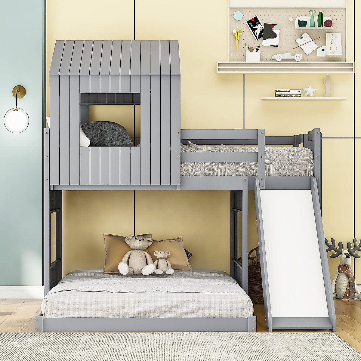 Harper & Bright Designs Twin Over Full Bunk Beds with House Shape, House Bunk Bed with Roof, Window & Slide, Twin Over Full Farmhouse Bed Frame for Kids Girls Boys Teens (Grey)
