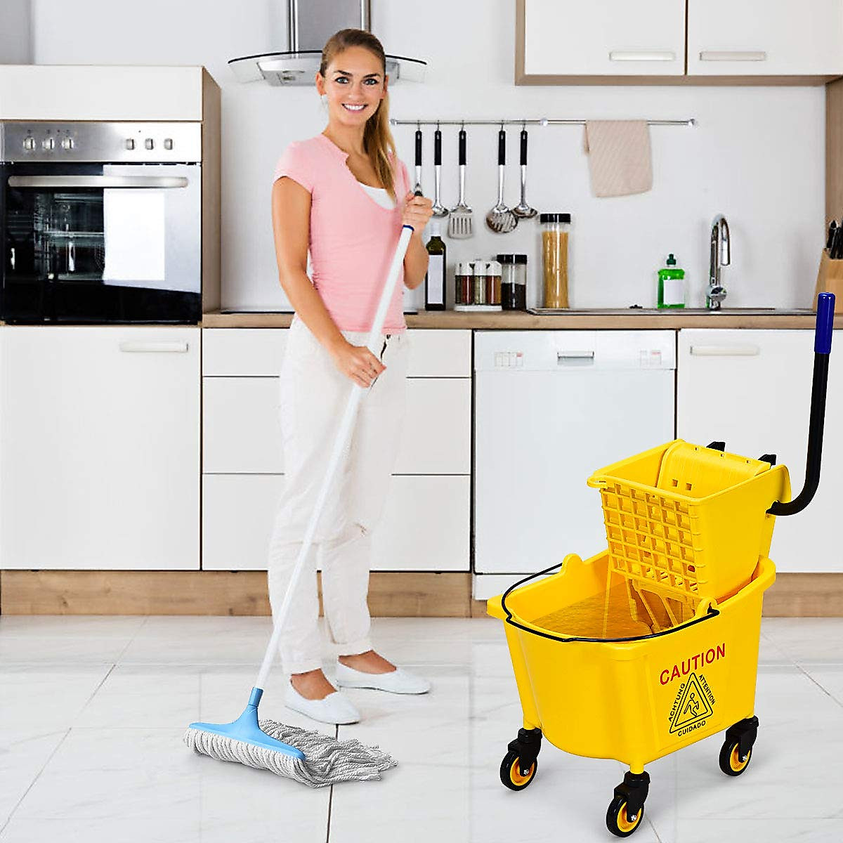 S AFSTAR 24L/26 Quart Commercial Mop Bucket with Wringer, Household Mop Bucket with Wheels & Potable Handle, Industrial Mop Wringer Bucket for Home Office Market Restaurant Hotel (Yellow)