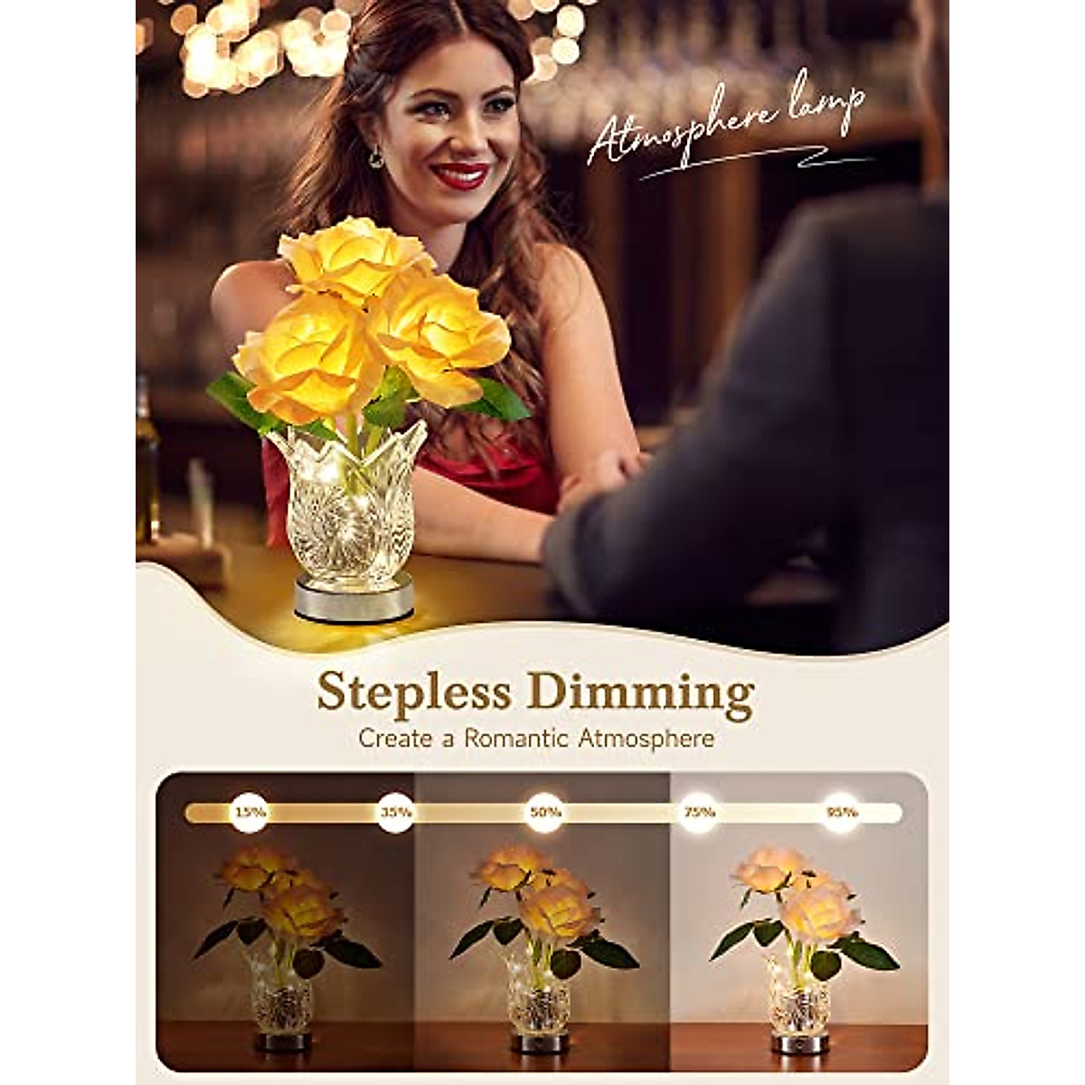 One Fire Flower Lamp Touch Lamp, Dimmable Table Lamp Rose Lamp, Rechargeable Cordless Lamp, Artificial Flower Lamp with Glass Vase, Small Lamp for Bedroom Bedroom Living Room, Birthday Gifts for Her