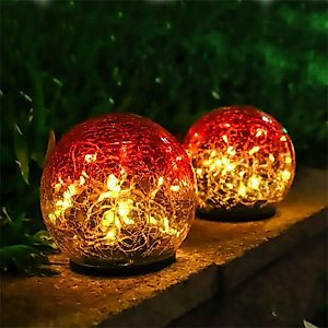 HEDAQI Garden Solar Cracked Glass Globe Lights, Outdoor LED Colored Waterproof Landscaping Lights for Yard Patio Decor, Globe (Red, 4.7 Inch)