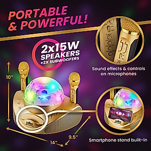 KaraoKing New 2020 Karaoke Machine – for Adults and Kids –2 Wireless Karaoke Microphone, SD Card, USB, Bluetooth Compatible, Lights Function– Home, Bachelor Party, Picnic, Outdoor/Indoor [G308 Gold]