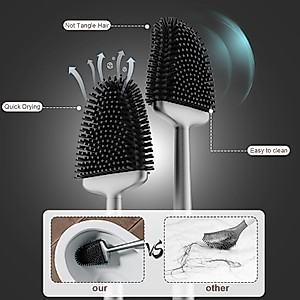 Sellemer Toilet Brush and Holder Set for Bathroom, Flexible Toilet Bowl Brush Head with Silicone Bristles, Compact Size for Storage and Organization, Ventilation Slots Base (Silver)