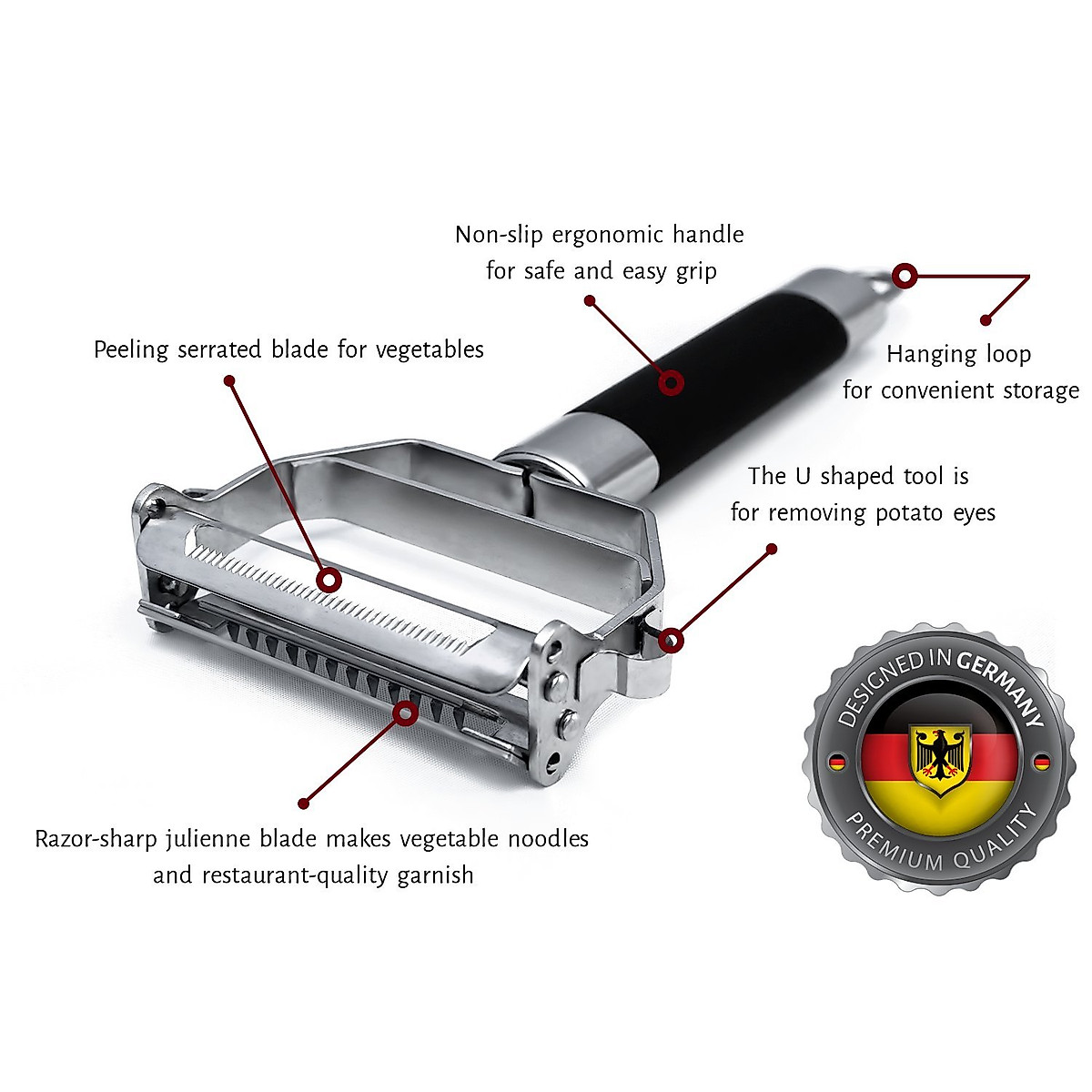 Deiss PRO Dual Julienne Peeler & Vegetable Peeler - Non-slip Handle - Apple Peeler & Potato Peeler, Orange Peeler, Zoodles Maker - Y Peeler, Veggie Peeler for Making Delicious Veggie Noodles