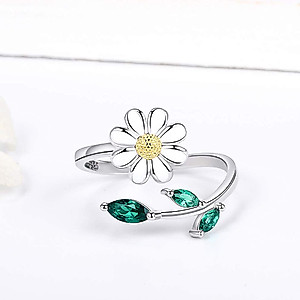 Bolelis 925-Sterling-Silver Sunflower Daisy Ring for Women - Cute Leaf Adjustable You are My Sunshine Ring,Promise Engagement Ring Jewelry for Women Girlfriend (Daisy Ring)