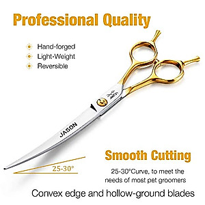 JASON 7.5" Curved Dog Grooming Scissors, Cats Grooming Shears Pets Trimming Kit for Right Handed Groomers, Sharp, Comfortable, Light-Weight Shear