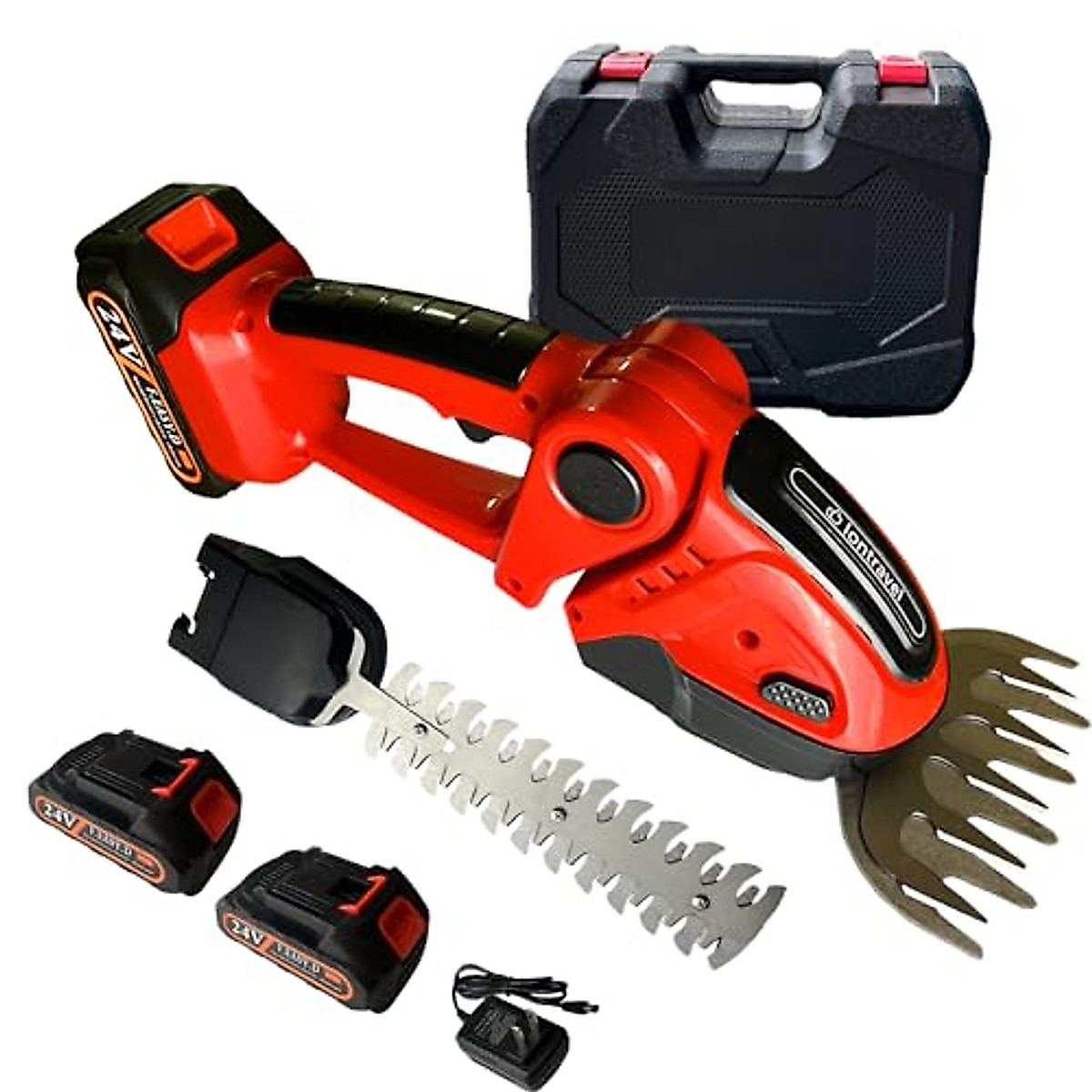 Cordless Hedge Trimmer-24V Electric Shrub Trimmer Grass Shears Handheld Grass Cutter, Hedge Shear with 2 PCS Rechargeable Battery, Charger and Toolbox to for Garden, Lawn, Red