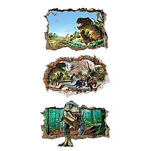 DILIBRA 3PCS 3D Broken Giant Dinosaur Wall Sticker, Simulation Crack Hole Dinosaur Wall Decal, Self-Adhesive Dinosaur Cracked Smashed Wall Decor Mural for Boys Bedroom Baby Kids Nursery
