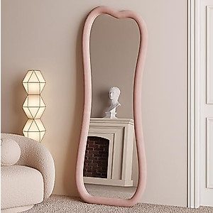 BOJOY Full Length Mirror, 63" x 24" Wall Mirror, Flannel Wrapped Wooden Frame Full Body Mirror, Irregular Wavy Mirror Hanging or Leaning Against Wall for Cloakroom/Bedroom/Living Room, Pink