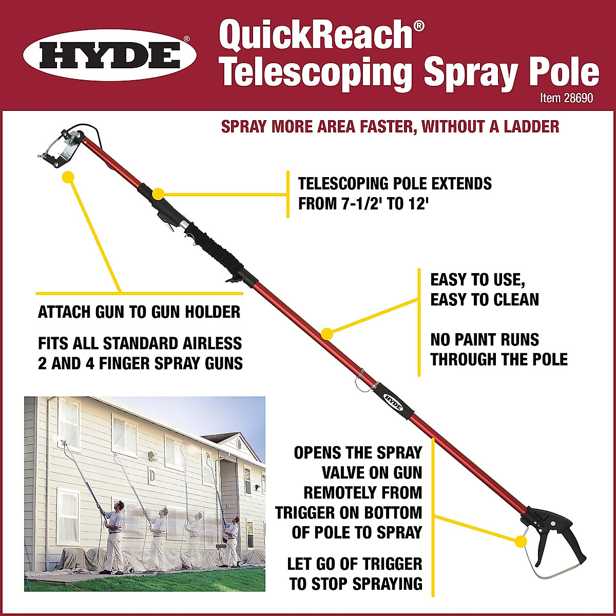 HYDE 28690 QuickReach Telescoping Pole, Extends from 7-1/2 to 12 Feet, Multi Colored