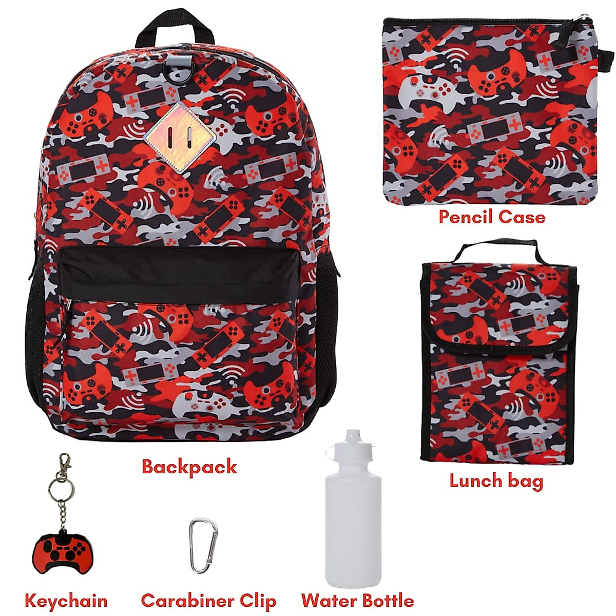 RALME Red Camo Gaming Backpack Set for Boys, 16 inch, 6 Pieces - Includes Foldable Lunch Bag, Water Bottle, Key Chain, & Pencil Case