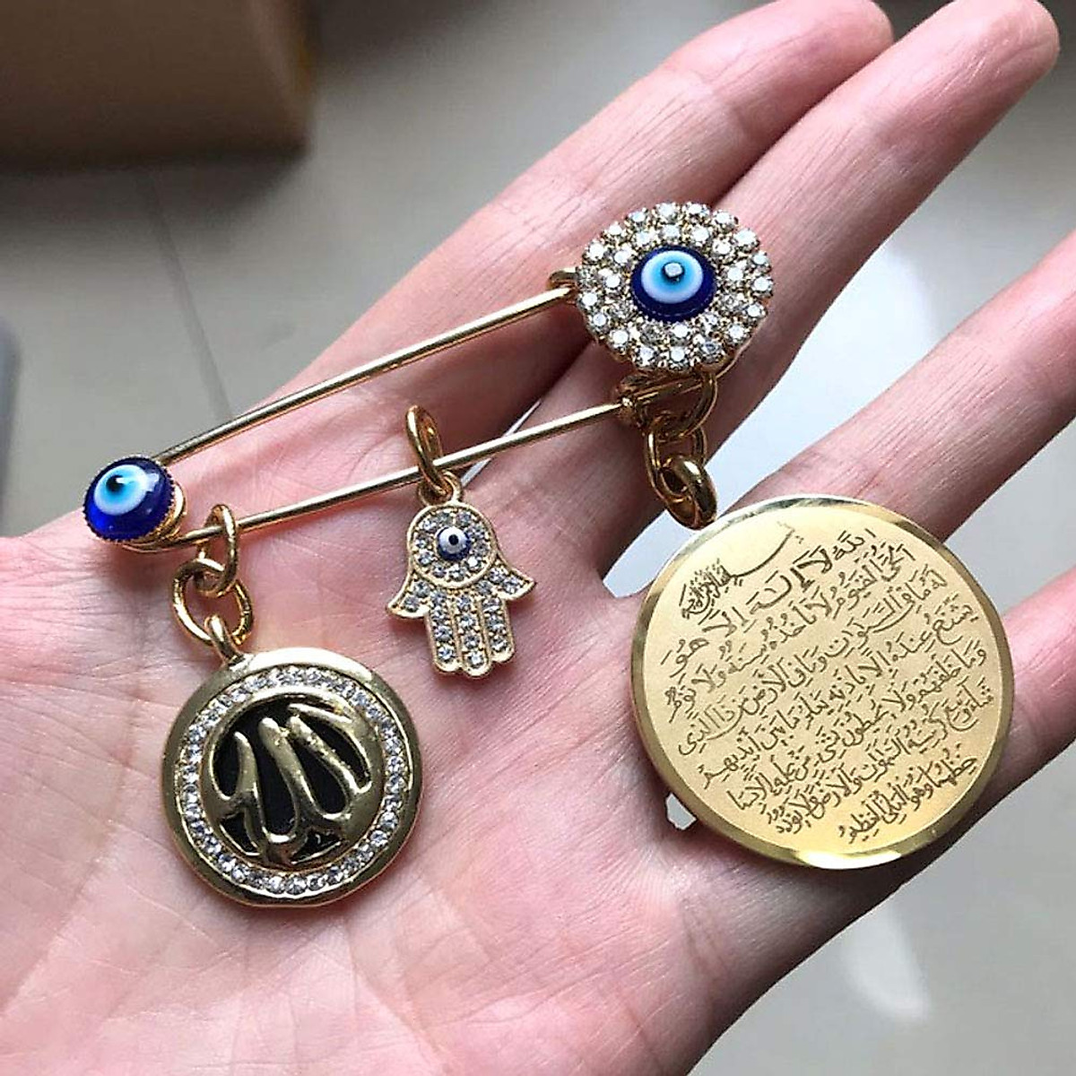 ZKDC muslim islam AYATUL KURSI Allah Turkish evil eye hamsa hand of fatima Stainless Steel brooch pin