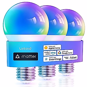 Linkind Matter WiFi Smart Light Bulbs Work with Apple Home, Siri, Google Home, Alexa, SmartThings, RGBTW Color Changing Light Bulbs Music Sync, Mood Lighting, 2.4Ghz WiFi Only A19 E26 60W 800LM 3 Pack