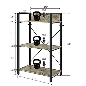 UMESONG 3-Tier Rustic Bookcase Industrial Shelves Wood and Metal Bookshelf Vintage Standing Shelf Open Shelving Unit for Living Room, Bedroom, Office, Kitchen (Grey)