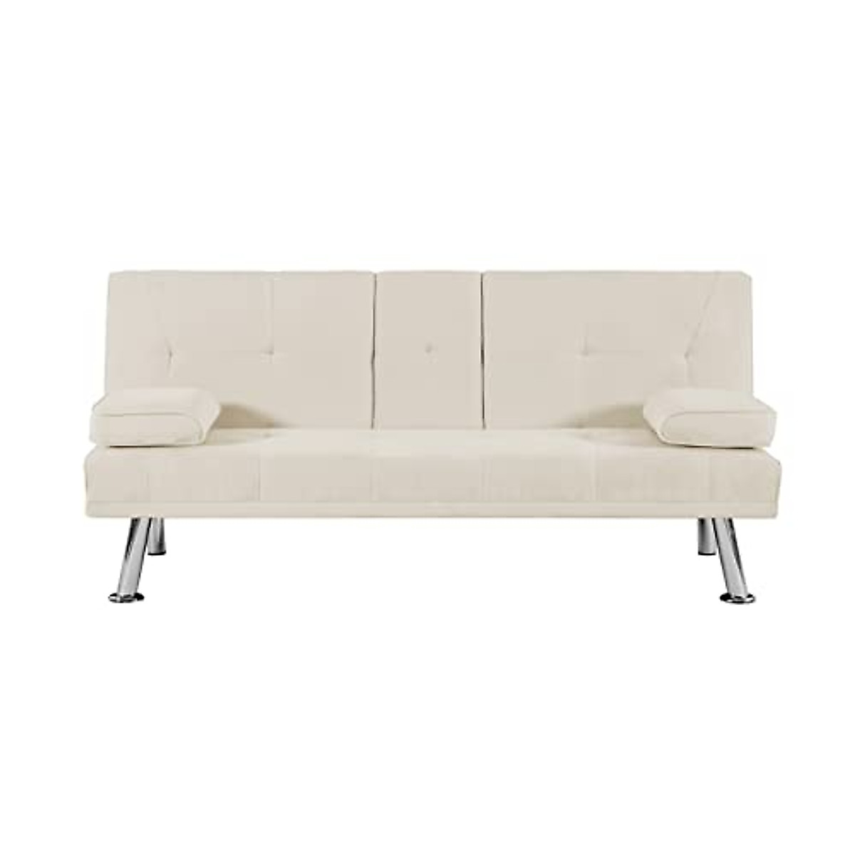 Eafurn Upholstered Futon Sofa Bed with Mattress and Frame, Convertible Loveseat Lounge Couch Daybed,Folding Love Seat w/Adjustable Backrest Sofabed, Beige Fabric w/ 2 Cupholders