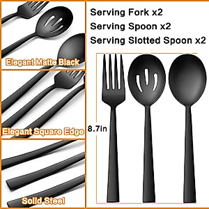 E-far Matte Black Serving Utensils Set of 6, Stainless Steel 8.7 Inch Hostess Serving Set with Square Edge, Metal Serving Slotted Spoons Forks for Party Buffet Catering