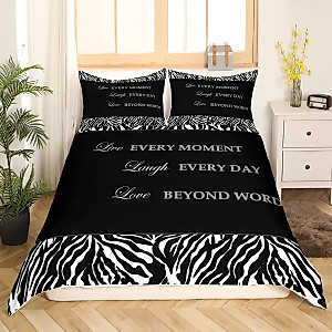 Castle Fairy Zebra Skin Printed Bedding Set,Black and White Comforter Cover Set for Teens Women Room Decor,Live Laugh Love Duvet Cover Breathable Animals Stripes Bedspread Cover Full Size