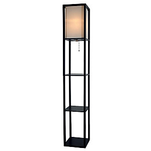 Floor Lamp with Shelves - Room Light by LIGHTACCENTS - Corner Storage Standing Bookshelf Lamp - Bedroom Light with Wooden Storage Shelves and White Cotton Linen Shade (Black)