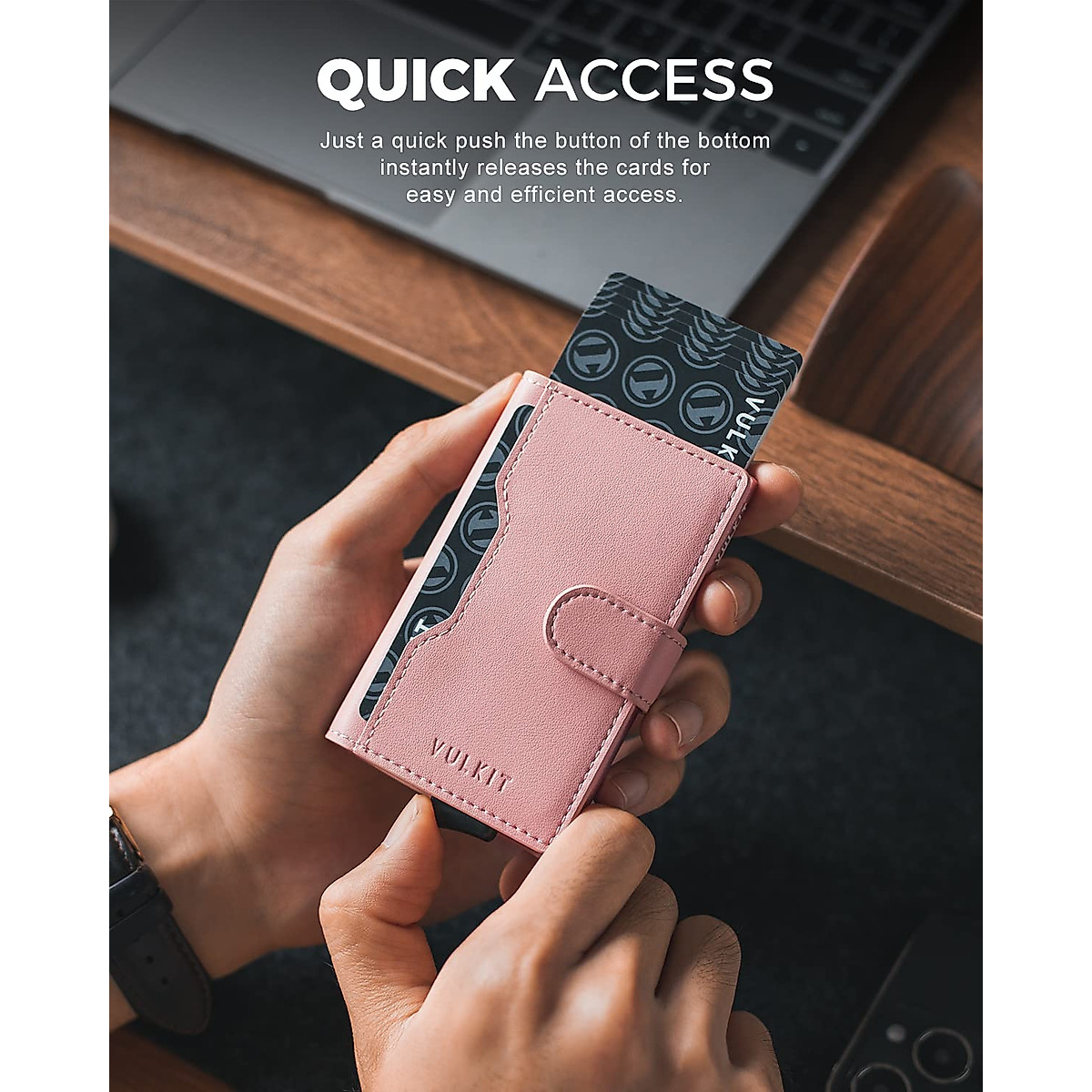 VULKIT Pop up Wallet Credit Card Holder with Leather Slots RFID Blocking Slim Metal Card Case for Men or Women(Rose)