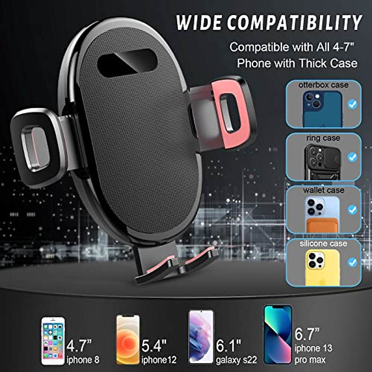 LevapMan Cell Phone Holder Car Mount Vent Clip with Extended Arm Retractable Holds All Phones up to 7”,Suction Cup Windshield Mount Stand, 360° Adjustable Car Phone Holder Car Dashboard Air Vent