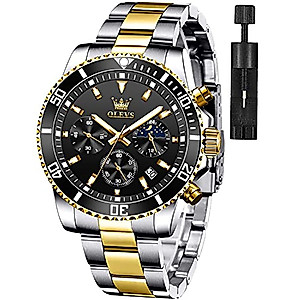 OLEVS Black Gold Watches for Men Classic with Date Business Dress Chronograph Big Face Reloj para Hombre Waterproof Luminous Mens Wrist Watch Analog Party Fashion Stainless Steel Man Watch